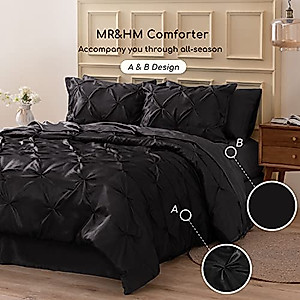 MR&HM Satin Comforter Queen 8 Pieces - Luxurious Pinch Pleat Bedding Set with Comforter, Sheets, Bed Skirt, Pillowcases & Shams, Super Silky Soft Bed Set for All Season (Queen, Black)