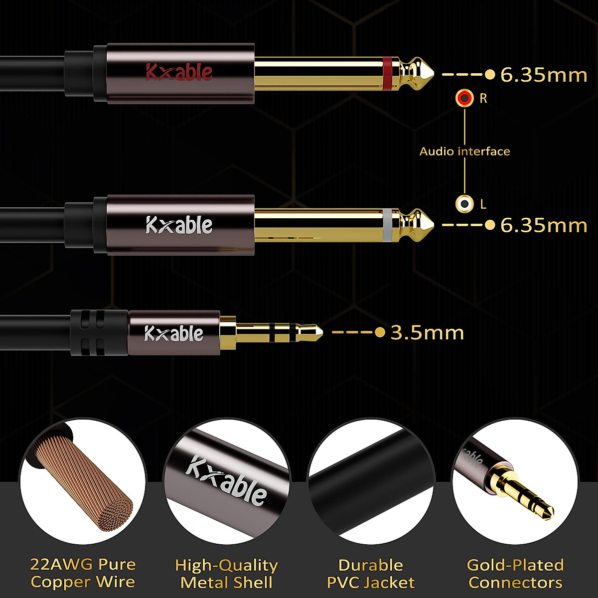 1/8 to Dual 1/4 Stereo Cable 100 Feet, 3.5mm TRS to 2 x 6.35mm TS Mono Y Splitter Audio Cord Adapter, Oxygen-Free Copper, OD:5.0MM, for PC, Mixer, Speaker, Home Stereo System with 5 Cable Ties