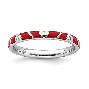 Solid 925 Sterling Silver Stackable Red Enamel Heart Ring Eternity Band Size 7