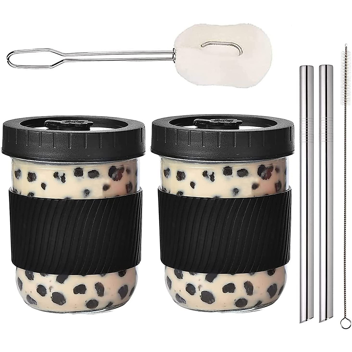 NINU 2-Pack 16oz Reusable Boba Cups Bubble Tea Cup, Wide Mouth Mason Jar Drinking Glasses with Lids and Straws, Travel Tumbler for Bubble Tea, Smoothie, Iced Coffee - Black