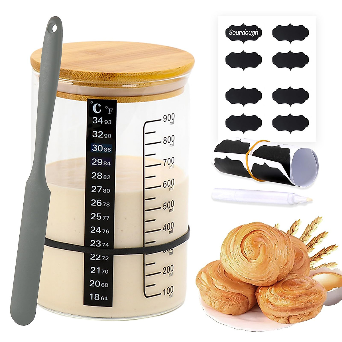 Wnxise Sourdough Starter Kit, 34OZ Reusable Sourdough Starter Jar, Home Sourdough Bread Baking Supplies with Date Marked Feeding Band, Thermometer, Silicone Scraper, Sticker, Marker Pen Bamboo Lid