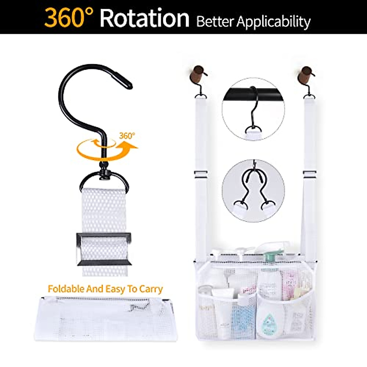 GUMQDD 4 Storage Pockets Adjustable Hanging Mesh Bathroom Bag, Shower Caddy College with Hooks, Applied to College Dorm Rooms, Gym, Swimming and RV Travel (White)