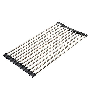 Kitchen Details Over The Sink Drying Rack | Roll Up Dish Mat | Easy Storage | Stainless Steel | Non-Slip Silicone | Drain Tray | BPA Free | Food Safe | Space Saving | Grey