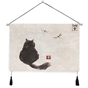 YYZZH Black Fluffy Cat Watch Dragonfly On Vintage Paper Japanese Ink Painting Hanging Canvas Print Wall Art Decor 17.5"X24.5" Poster Artwork Painting Prints Home Decor For Bedroom Living Room