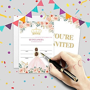 AEHIE 20 Sets 15th Quinceanera Party Shaped Fill-In Invitations With Envelopes, Pink Floral Crown Princess Rose Invitations Invite RSVP Cards for 15 Year Old Girls, Bridal Shower Party Invites