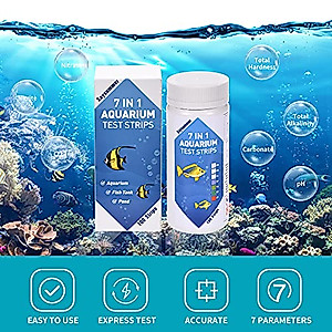 7-Way Aquarium Test Strips, 100 Strips Aquarium Testing Kit for Freshwater Saltwater, Fish Tank Pond Test Strips Testing pH, Alkalinity, Nitrite, Nitrate, Chlorine, Carbonate, Hardness