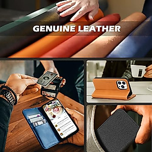 SHIELDON Wallet Case for iPhone 15 Pro Max 6.7", Genuine Leather Wallet Flip Magnetic RFID Blocking Credit Card Slot Kickstand Shockproof TPU Shell Case Compatible with iPhone 15 Pro Max - Royal Blue