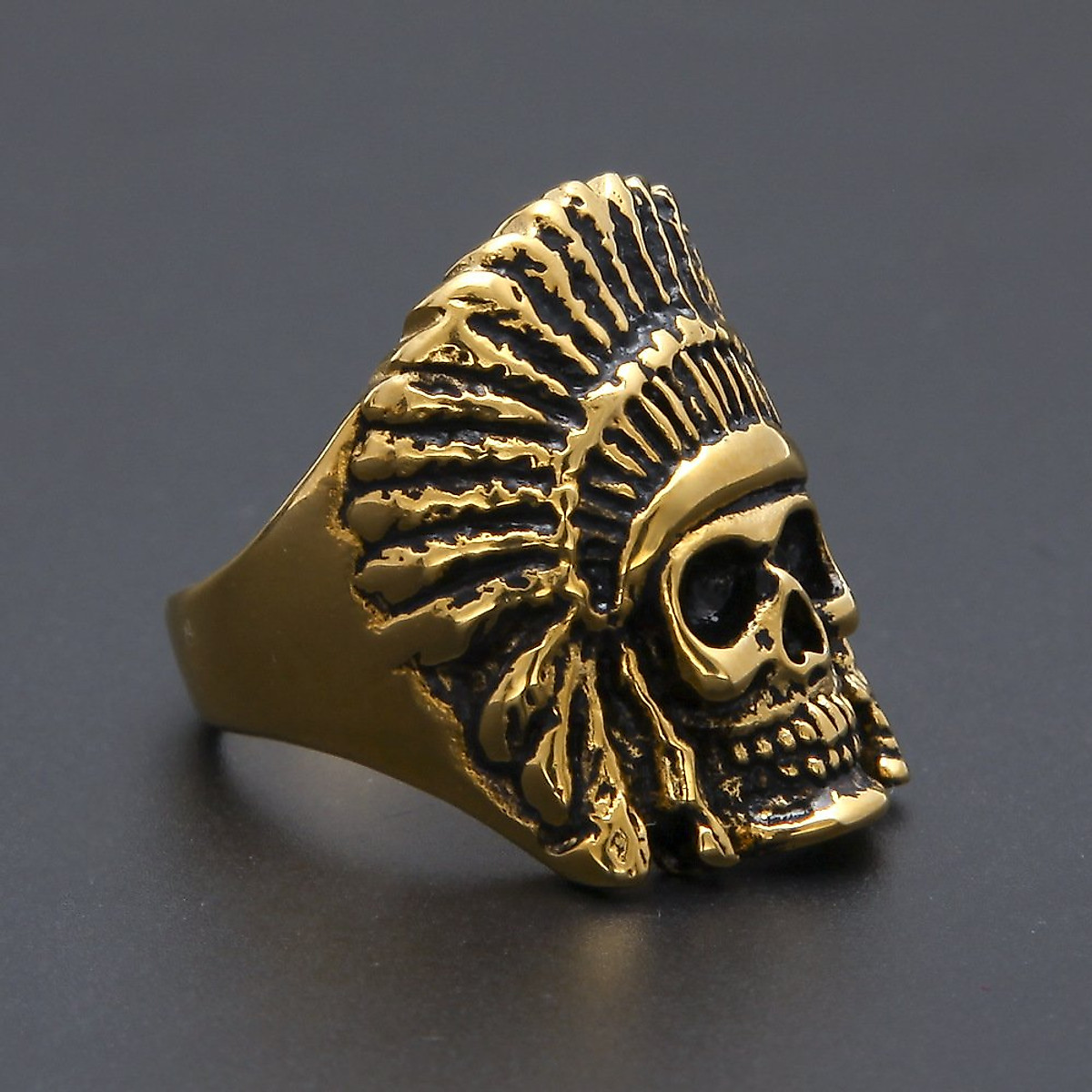 Moca Jewelry Cool Feather Dayak Indian Headdress Punk Skull 18K Gold Plated Hip Hop Stainless Steel Ring for Men Women