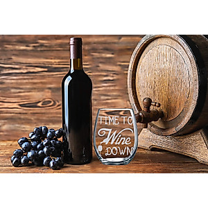 Time to Wine Down Funny 15oz Stemless Crystal Wine Glass - Fun Wine Glasses with Sayings Gifts for Women