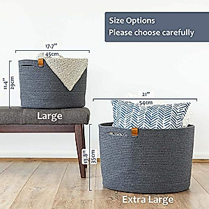 DENJA & CO Extra Large Blanket Basket for Living Room - Decorative Woven Baskets for Storage | Cotton Rope Large Baskets for Blankets, Pillows, Toys, or Laundry | Charcoal Gray (21 inches x 13.8 inches)