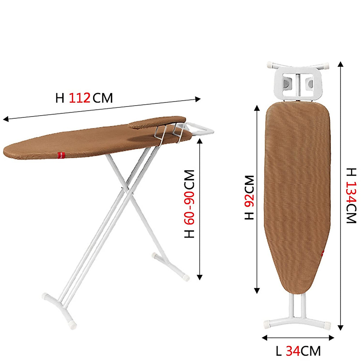 Extra Wide Ironing Board with Iron Rest, Adjustable Height, Foldable Ironing Boards, Metal Frame Heavy Duty Legs Brown