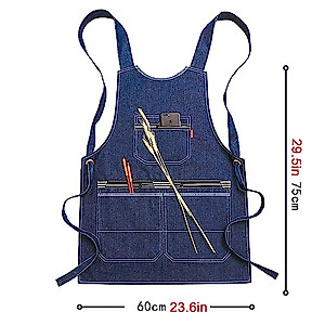 ATAVSADN Chef Apron Denim Apron Cross Back Straps Men Women for Painting, Kitchen, Artist, Chef, Gardener,One Size,Blue