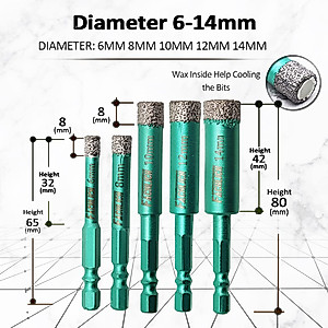 FACHLICH Porcelain Tile Drill Bits 1/4" Granite Drill Bits 10pcs 6mm Diamond Drill Bits Set with Quick Change Hex Shank for Granite Marble Tile Porcelain Ceramic