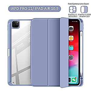 ExuCase for iPad Air 5th Generation 10.9 Inch 2022 / iPad Air 4th Gen 2020 / iPad Pro 11 2022/2021/2020/2018 with Pencil Holder, Trifold Smart Cases Shell + Clear Transparent Back Cover, Gray Purple