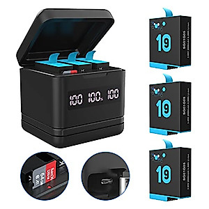 3 Pack 2000mAh Batteries for GoPro Hero 10 Hero 9, 3-Channel Fast Battery Charger Station with Battery Digital LCD Display and Micro SD Card Reader Function