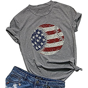 FAYALEQ Women's American Flag Baseball Printed T-Shirt O-Neck Causal Tee Tops Blouse Size L (Gray)