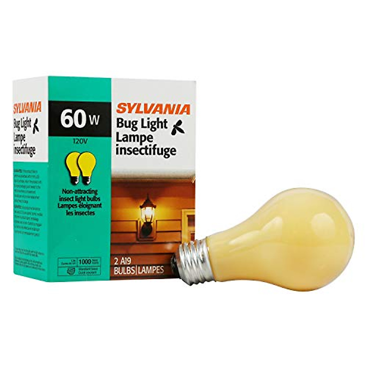 SYLVANIA A19 Incandescent Bulb, Medium Base, Yellow Bug Light, 60W, 2850K, 2 Pack