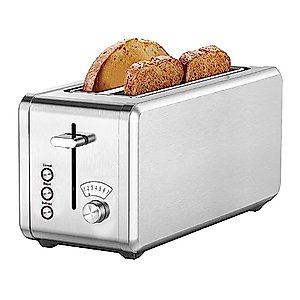 WHALL Long Slot Toaster 4 Slice Brushed Stainless Steel Toaster, 7 Toast Settings with Bagel/Cancel/Defrost Functions, Toaster Warming Rack&Removable Tray for Various Bread Types 1400W,Silver