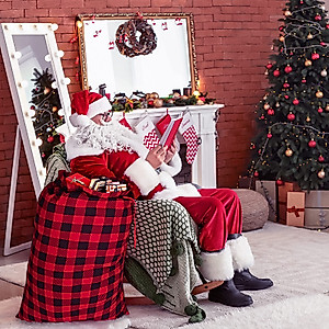 Aneco 4 Pack Big Christmas Buffalo Plaid Drawstring Gift Bags Red and Black Plaid Cotton Christmas Gift Bag Fabric for Xmas Game Party Supplies Santa Claus Backpacks, Extra Large Size 31.5 x 21.7 Inch