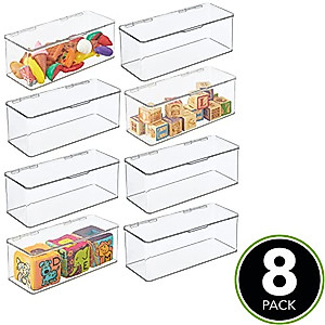 mDesign Plastic Stackable Tall Storage Bin Container Box with Hinged Lid for Kids Room, Play Room, Nursery for Organizing Toys, Games, Puzzles, Craft and School Supplies - 8 Pack - Clear