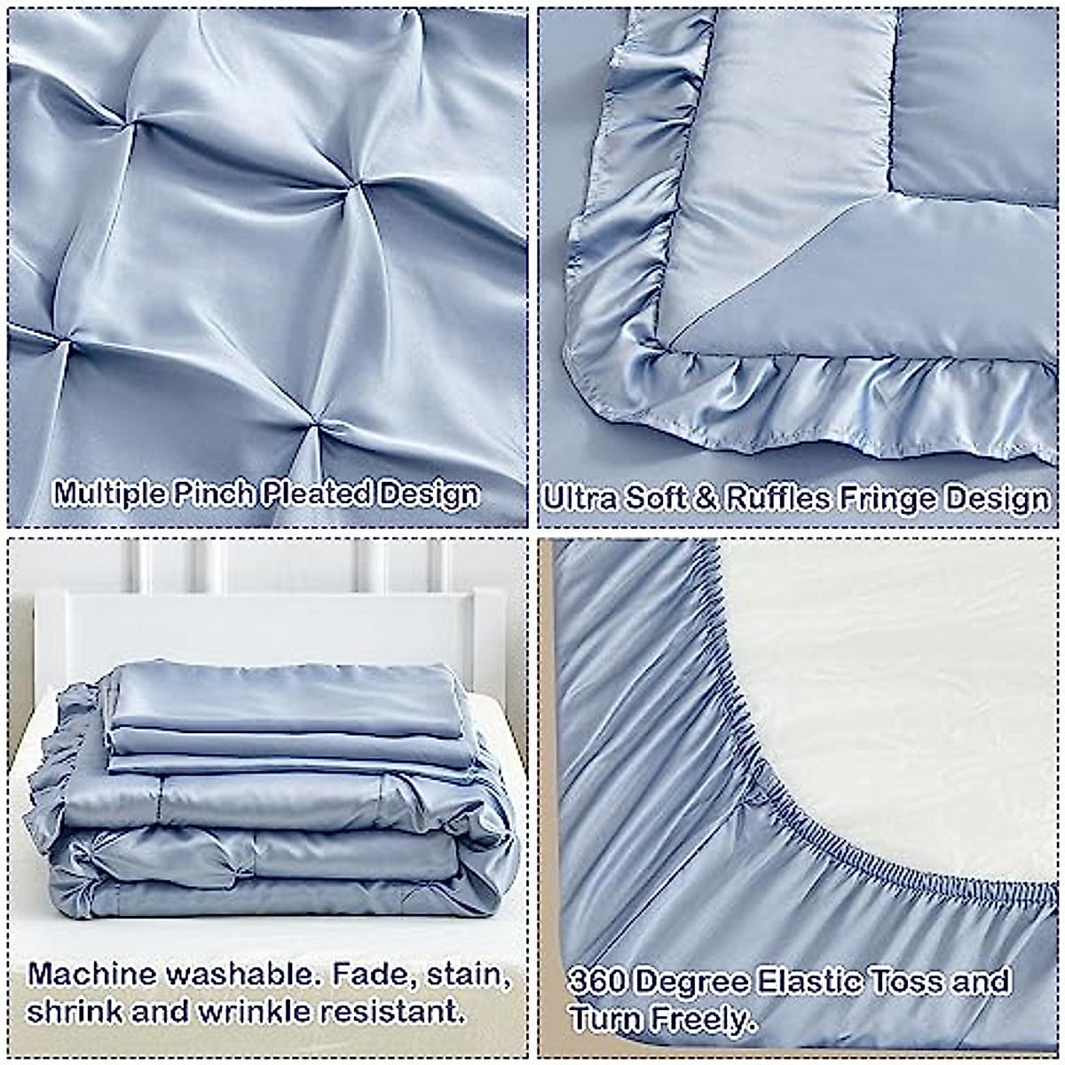 Toddler Bedding Set for Girls 4 Piece Pinch Pleated Grey Ruffle Fringe Pintuck Toddler Bed Comforter Set for Kids Bed-in-a-Bag Quilt Crib Sheet Set with Comforter,Flat Sheet,Fitted Sheet,Pillowcase
