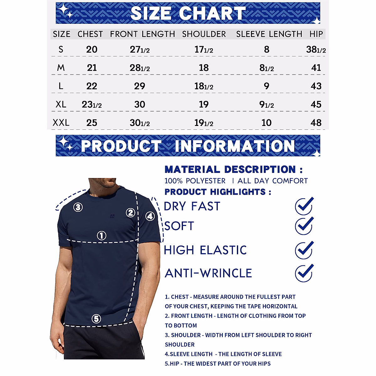 2 Pack Men's Performance T-Shirt Wrinkle-Resistant Quick Dry Short Sleeve Moisture Wicking UPF 50+ Sun Protection Athletic(2 Dark Blue,XXL)