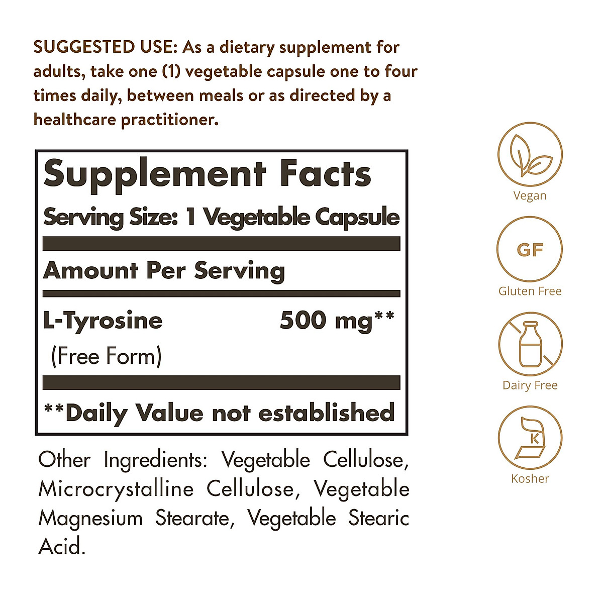 Solgar L-Tyrosine 500 mg, 100 Vegetable Capsules - Brain & Nervous System Support - Vegan, Gluten Free, Dairy Free, Kosher - 100 Servings