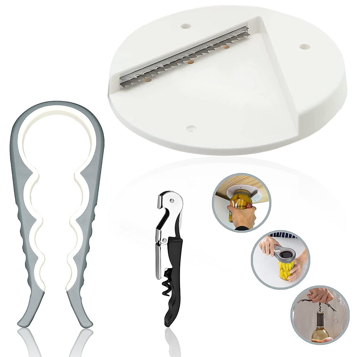 3 PCS Under Cabinet Jar Opener, 4 in 1 Multi Function Can Opener Set Bottle Opener Kit with Silicone Handle and Waiter Corkscrew Wine Opener, Jar Opener For Women Seniors With Arthritis Weak Hands