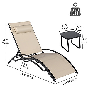 YITAHOME Outdoor Chaise Lounge Chair Set of 3, Pool Lounge Chairs with Side Table & 5-Position Adjustable Backrest, Sunbathing Recliner for Poolside, Backyard, Lawn, Deck - Khaki
