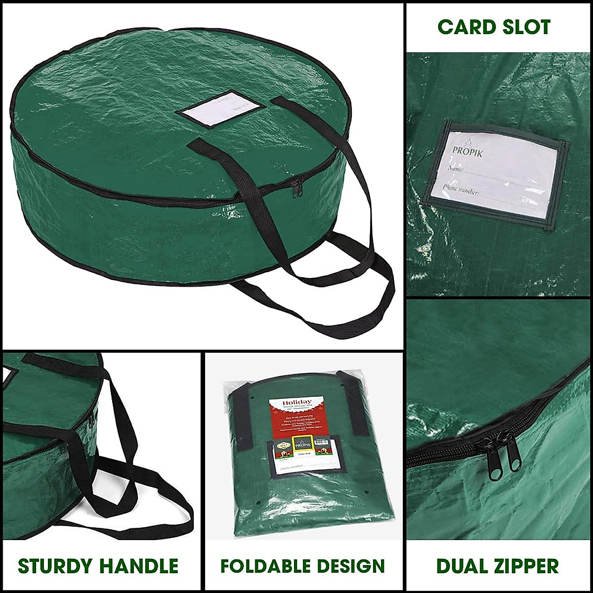 ProPik Christmas Wreath Storage Bag 24" - Garland Holiday Container with Tear Resistant Material - Featuring Heavy Duty Handles and Transparent Card Slot - 2 Pack (24 Inch, Green)