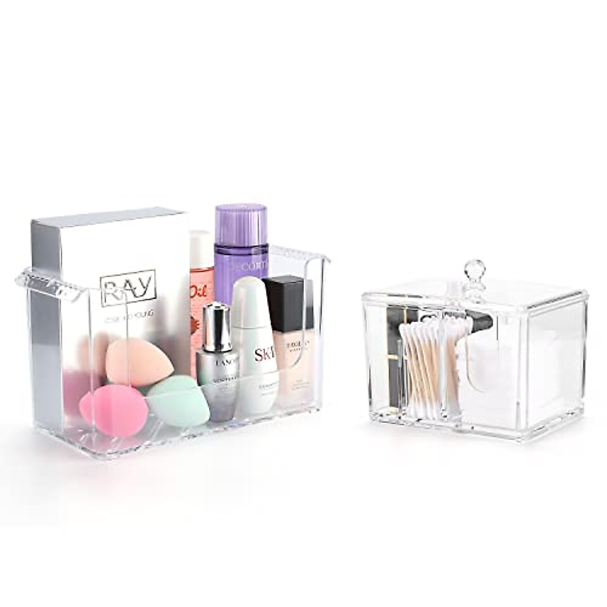 Lolalet (2 Pack) Qtip Holder Dispenser Makeup Organizer for Cotton Ball, Cotton Swab, Cotton Round Pads, Floss, Clear Plastic Bathroom Canister Storage Beauty Product Organization