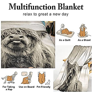 Cow Blanket Long Horn Highland Cow Throw Blankets,Black and White Cattle Landscape Fleece Plush Blanket,Ultra Soft Cozy Fuzzy Sofa Flannel Blanket for Couch Bed Sofa, 50"x40"