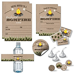 Backyard Bonfire Birthday Party Bundle Includes 20 each of Invitations & Thank You Cards with Envelopes + 2 Different Sizes of Stickers, Mini Candy Bar Wrappers, & Water Bottle Labels!