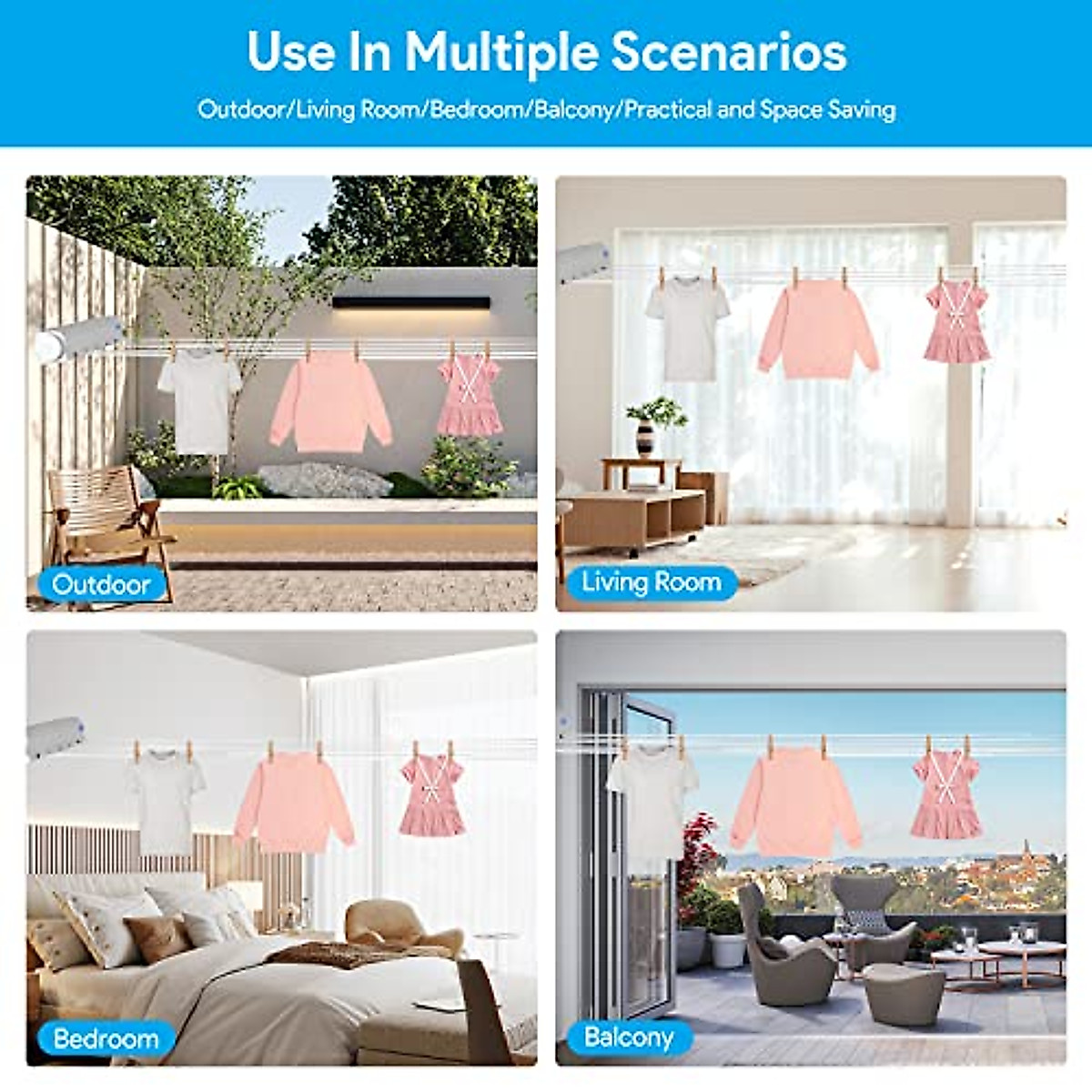 Telescopic Clothesline, Telescopic Retractable Clothesline Telescopic Indoor Outdoor Wall Mounted Clothes Dryer Line, Wall Mounted Clothes Hanging Line(5Ropes) White