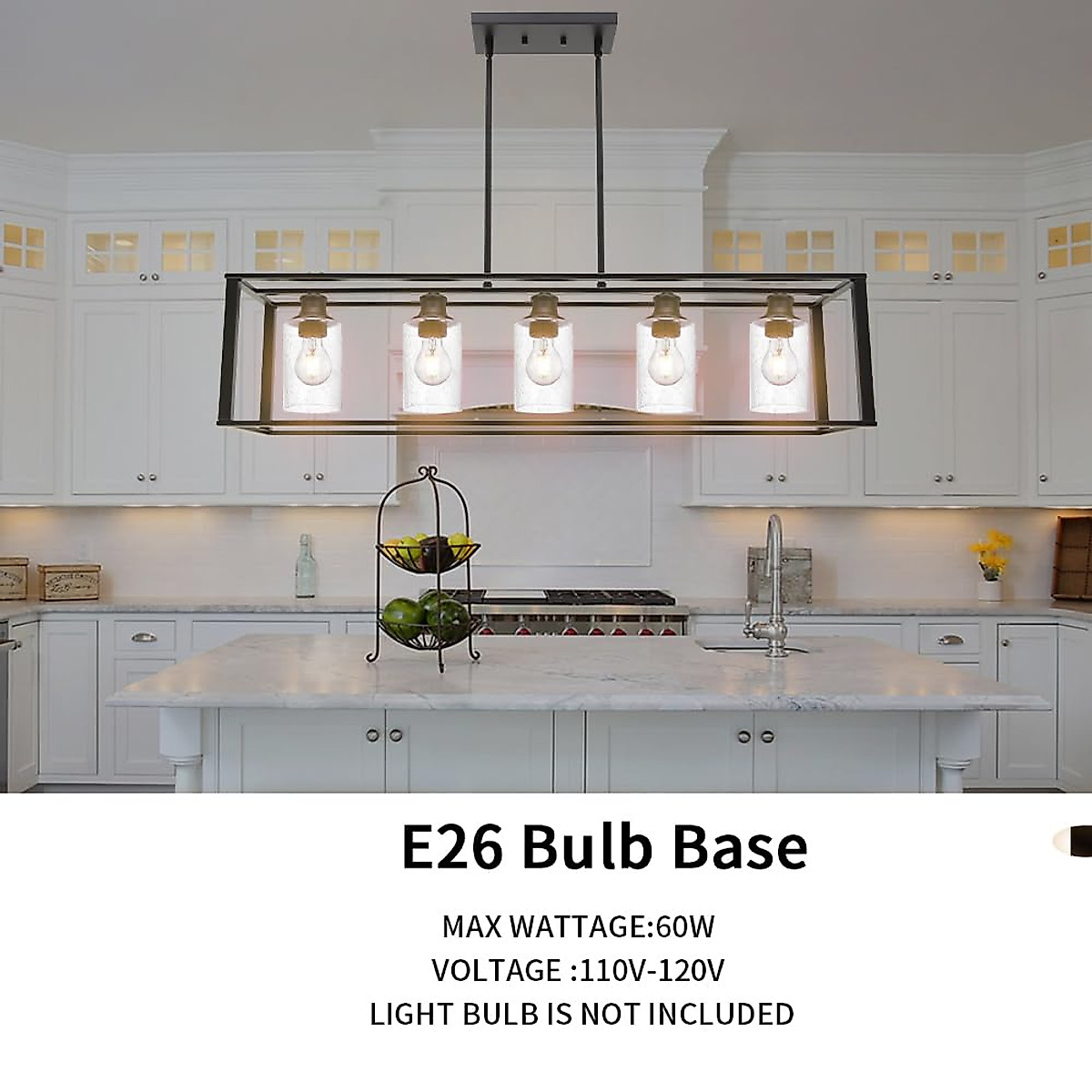 Wanluce Rectangular Chandelier for Dining Room 5 Light Matte Black Lights Fixtures with Glass Shade Farmhouse Linear Industrial Modern Hanging Lighting