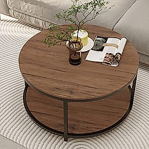 NSdirect 36” Round Coffee Table, Rustic Wooden Surface Top & Sturdy Metal Legs Industrial Sofa Table for Living Room Modern Design Home Furniture with Storage Open Shelf (Dark Walunt)