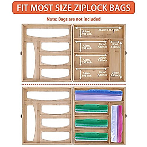 Bamboo Ziploc Bag Organizer - 5 Slots Wall Mount Zip Lock Baggie Storage Organizer for Drawer Kitchen - Compatible With Ziploc | Solimo | Glad | Hefty For Gallon | Quart | Sandwich | Snack Size Bags