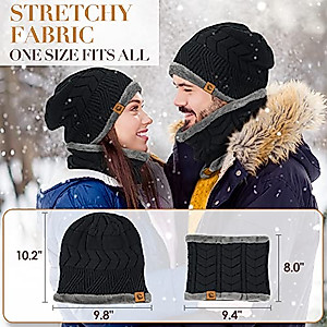 Beanie Hats for Men Women - Neck Warmer Winter Hat Scarf Set Gifts for Man Woman, Dual Layered Fleece Lined Winter Cap, Chunky Toboggan Knit Hat, Thick Soft Stretchy Skull Cap Black Stocking Stuffer