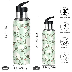 Glaphy Cute Frog Pattern Water Bottle with Straw Lid, BPA-Free, 32 oz Water Bottles Insulated Stainless Steel, for School, Office, Gym, Sports, Travel