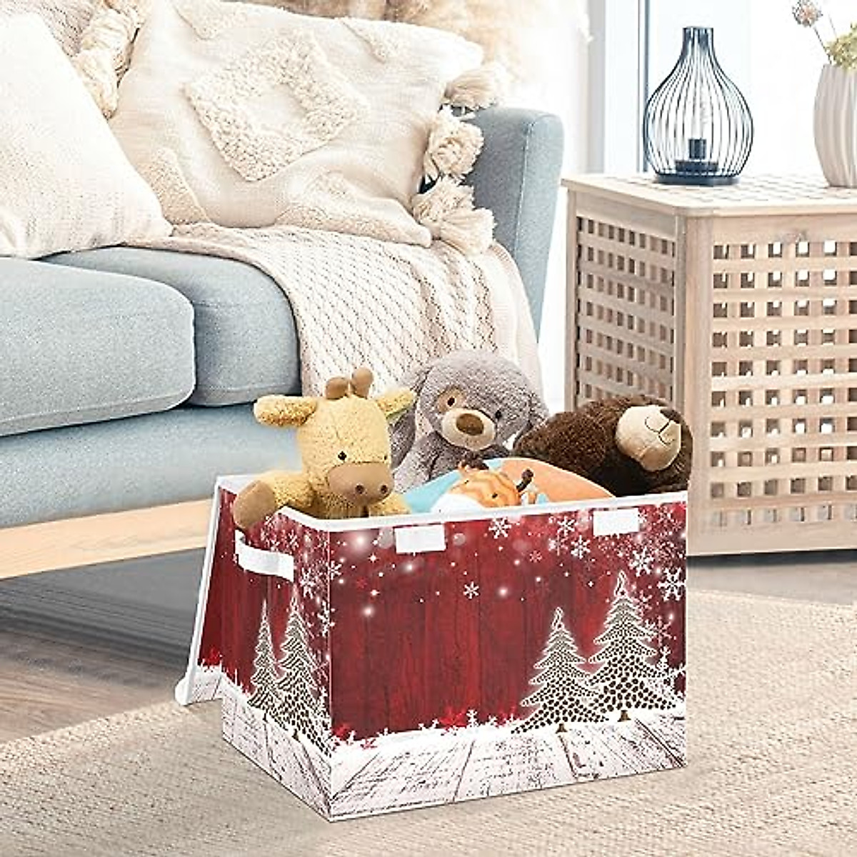 senya Christmas Storage Baskets Collapsible Storage Bins with Lids, Christmas Coffee Tree Red Wooden Storage Boxes Clothes Baskets for Organizing