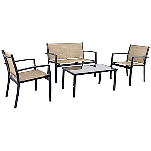 JUMMICO 4 Pieces Patio Furniture Set Modern Conversation Set Outdoor Garden Patio Bistro Set with Glass Coffee Table for Home, Porch, Lawn (Yellow)
