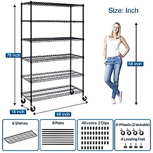 6000Lbs Capacity Heavy Duty Shelving, 6 Tier Wire Shelving Unit on Wheels, NSF Certified Adjustable Storage Shelves Rack for Garage Pantry Basement (18"x 48"x 76", Black) (Black)