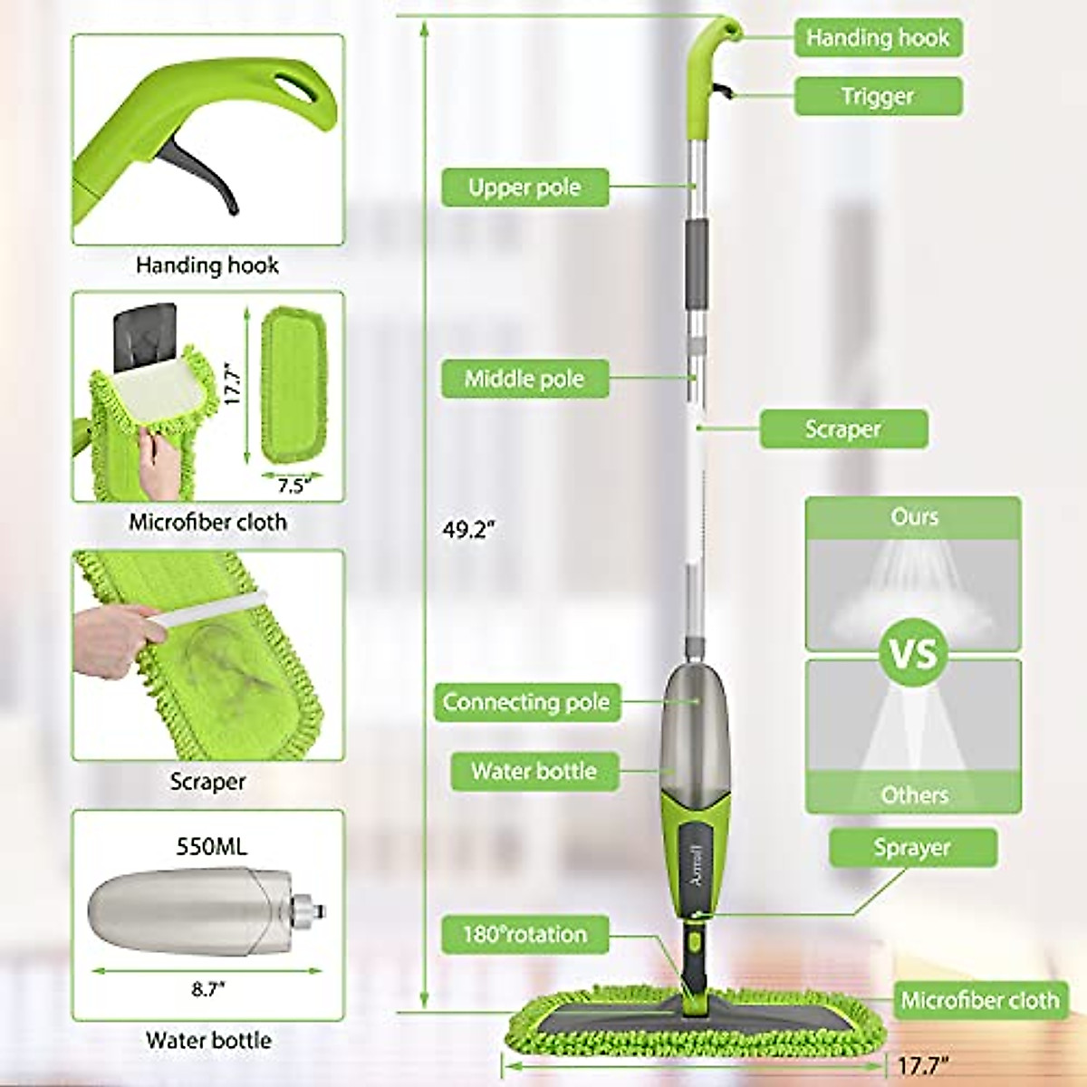 Spray Mop for Floor Cleaning Microfiber Mop Wet Dust Mop with 6 Reusable Washable Microfiber Pads and 610ML Refillable Bottle Dry Wet Kitchen Mop for Hardwood Laminate Tile Floor Cleaner Household