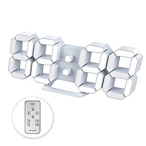 Led Digital Alarm, 3D Wall Clock Desk Auto Dimming 12/24 Hour Date Temperature Home Decor Remote Control Silent Snooze USB Nightlight Bedroom Living Room Kitchen Office 9.7inch Cool White