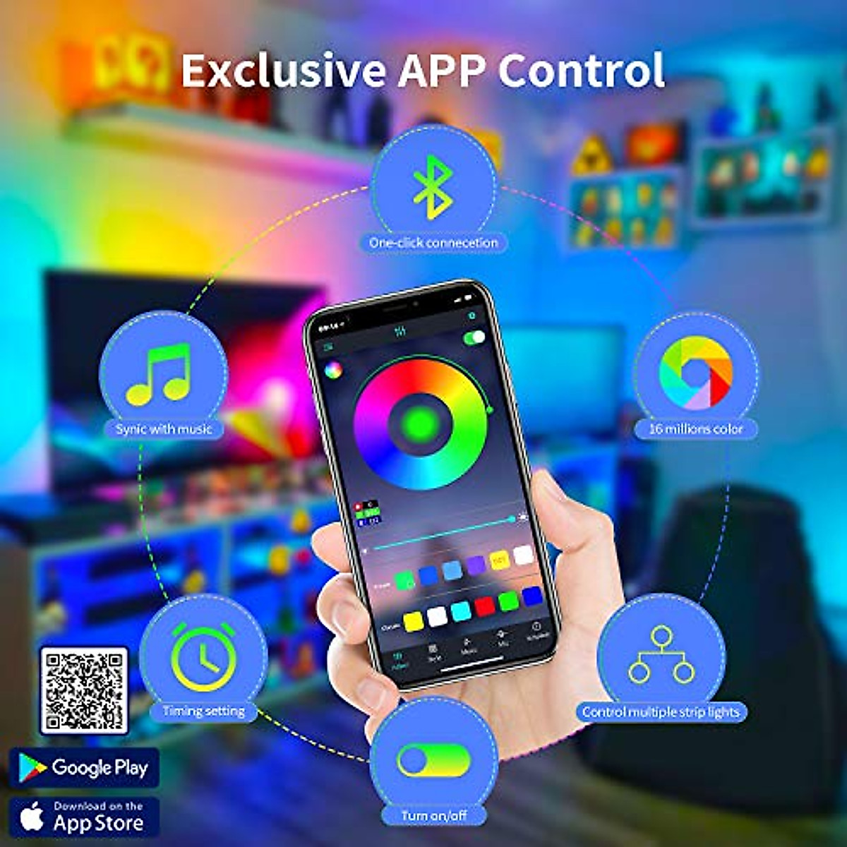 Hiromeco Bluetooth 21FT TV LED Backlight for 82 95 Inch, USB TV Background Lights Kit with APP Control, Music and Multiple Scene Mode, 16 Million Colors Changing Lights for PC Monitor Gaming Room.