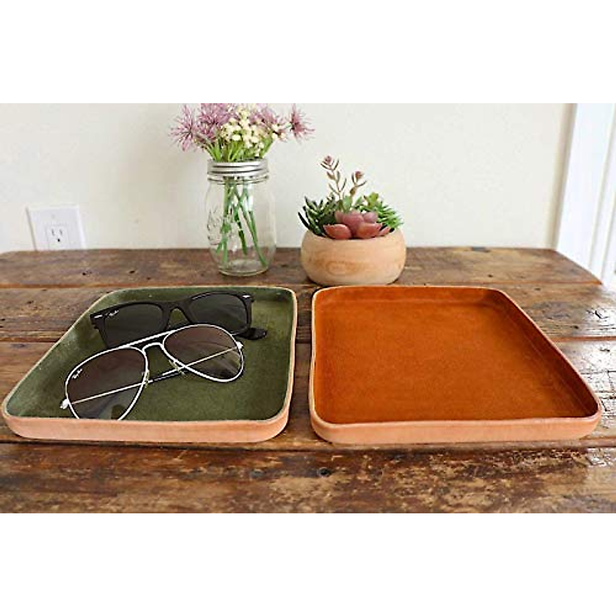 Molded Leather Valet Tray Large. Olive suede interior. Organizing accessories to store lifestyle Essentials. Home Decor