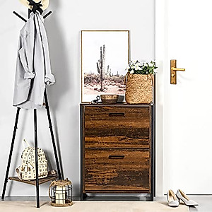 HOMCOM Shoe Cabinet with 2 Flip Doors, Slim 2-Drawer Shoe Cupboard with Divider and Open Compartment for 12 Pairs of Shoes, Entryway Storage Unit, Rustic Brown