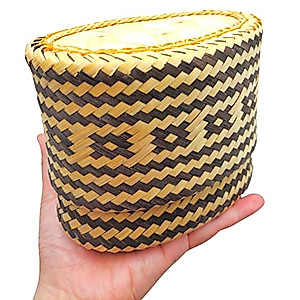 Bamboo Sticky Rice Serving Basket 6 x 3.7 Inch, Kratip, Intricately Woven Container, Oval-Shaped Pattern, Thailand Handmade, Dyed with Natural Based Black Charcoal (Mini Heart) (Central)