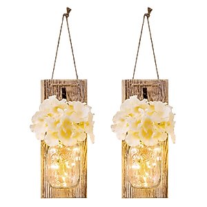 HAchoo Rustic Mason Jar Candle Decorative Home Wall Decor - Living Decoration,Vintage Wrought Iron Hooks, Silk Hydrangea Flower Farmhouse Decor for Home Kitchen Decoration with 6 Hours Timer