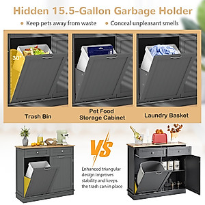 Giantex Tilt Out Trash Cabinet 15.5 Gallon, Wooden Laundry Room Cabinet, 2 Drawers, Storage Cabinet, Recycling Trash Cabinet, Kitchen Island with Garbage Can Holder, 39.5" x 14" x 35.5", Gray